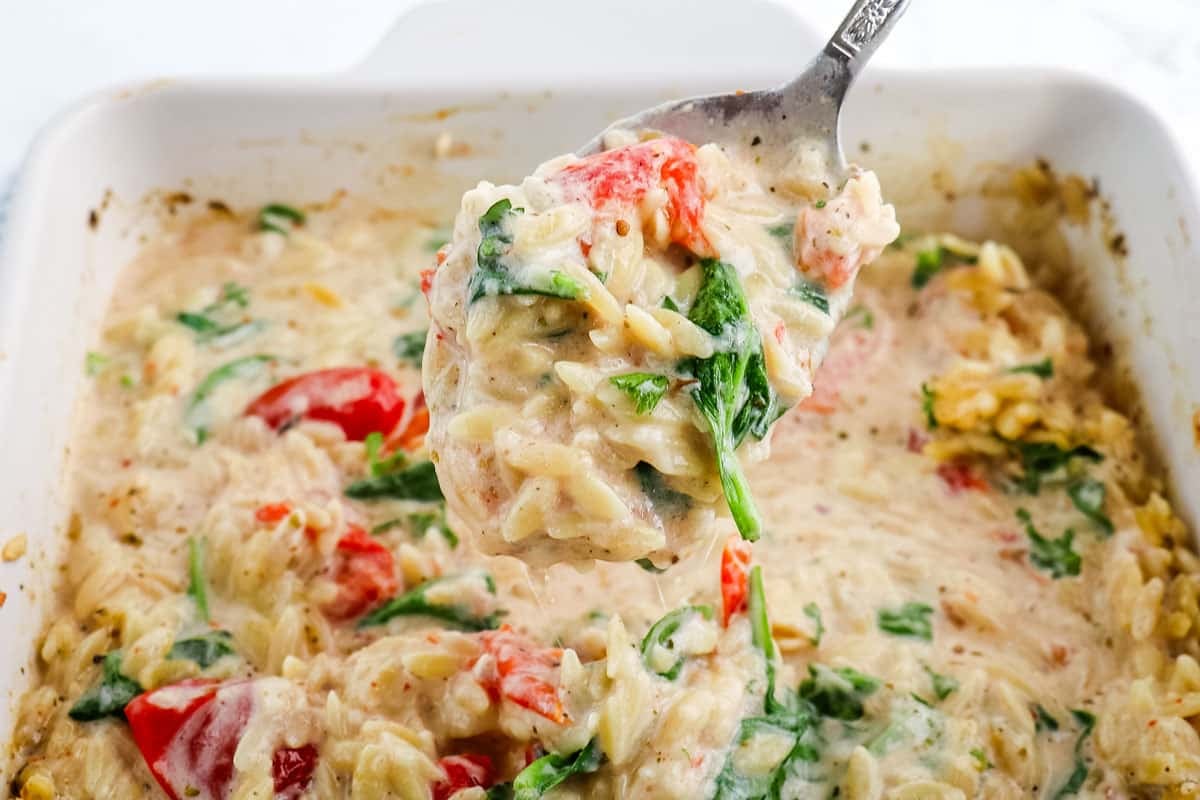 Boursin Orzo Bake with Spinach and Tomatoes | Delightful E Made